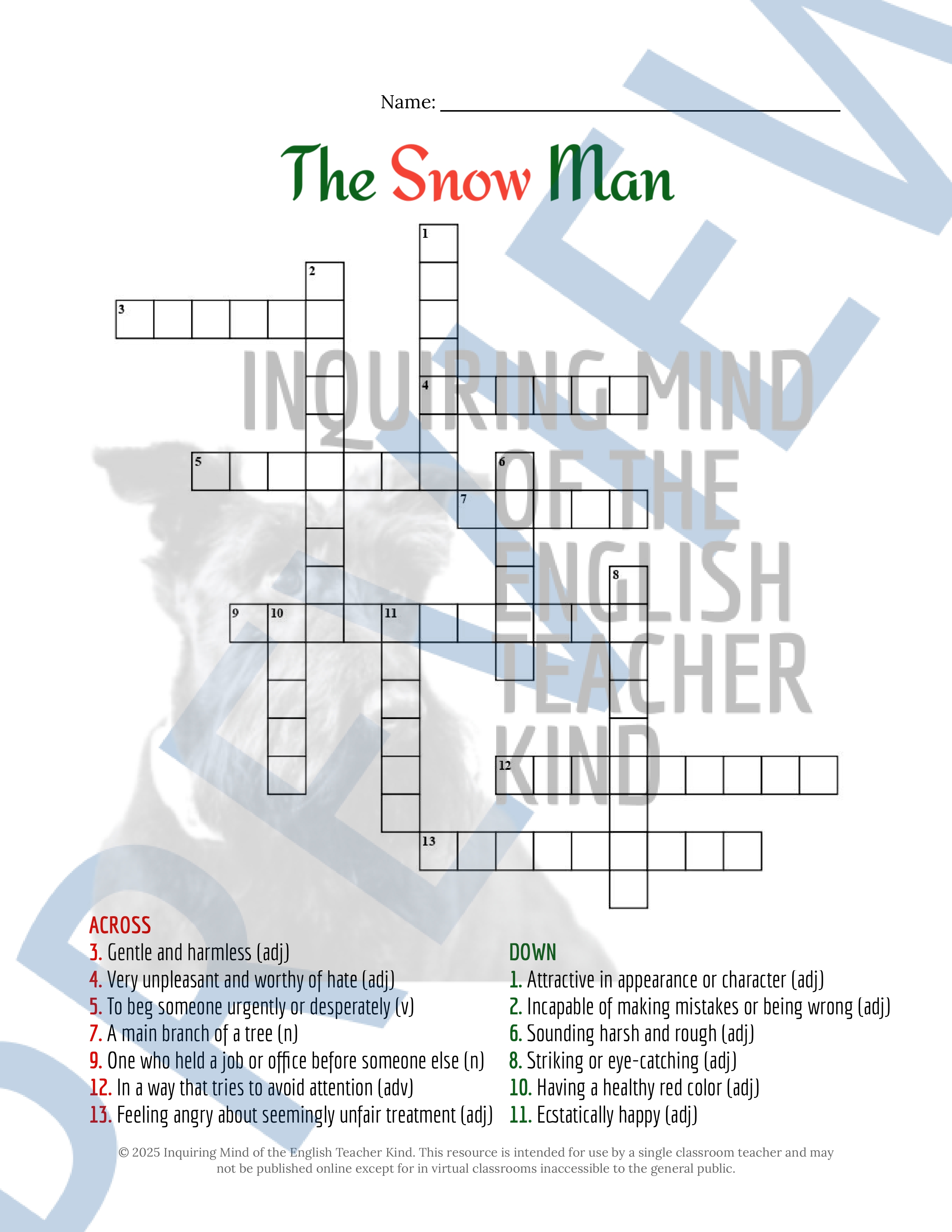 "The Snow Man" by Hans Christian Andersen Vocabulary Activities ...