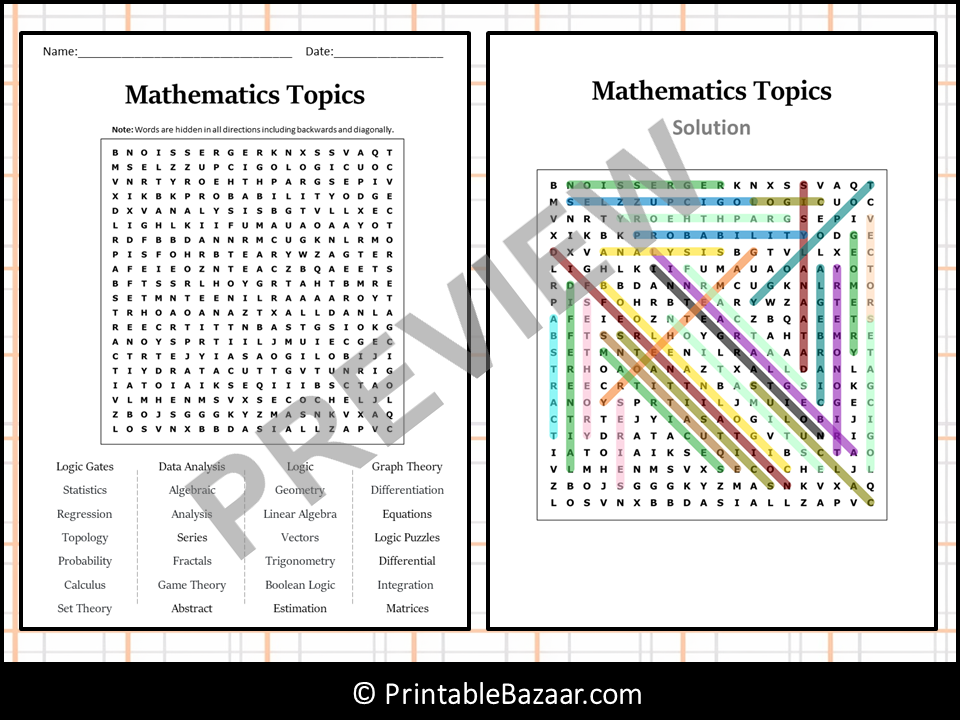 Mathematics Topics Word Search Puzzle Worksheet Activity | Teaching ...
