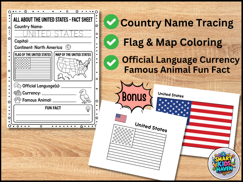 United States Map and Flag Country Study Worksheet USA Geography ...