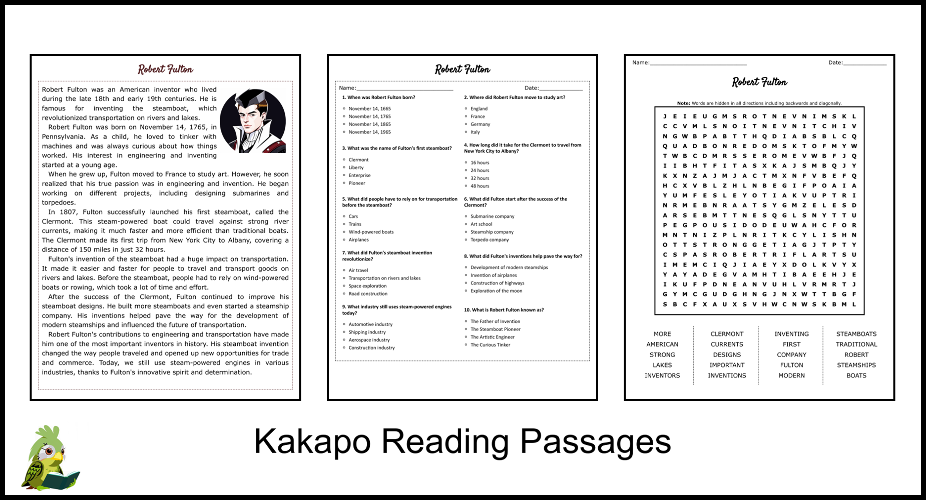 Robert Fulton Reading Comprehension and Word Search | Teaching Resources