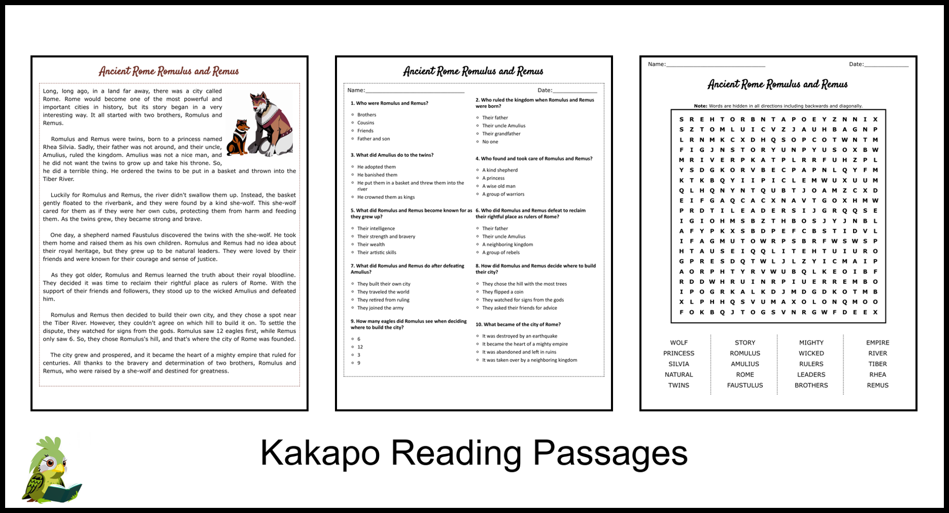 Ancient Rome Romulus and Remus Reading Comprehension and Word Search ...