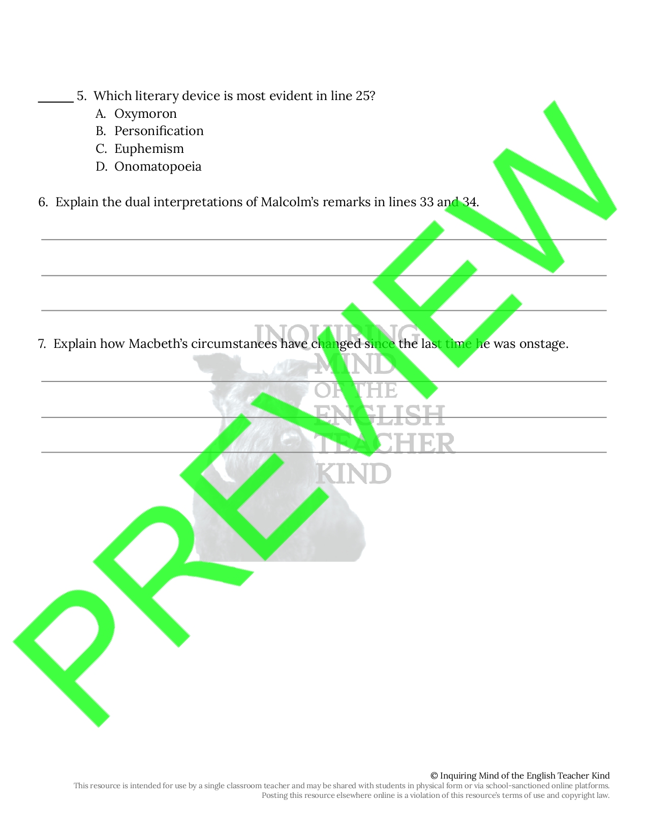 Macbeth Act 5 Scene 7 Close Reading Worksheet | Teaching Resources