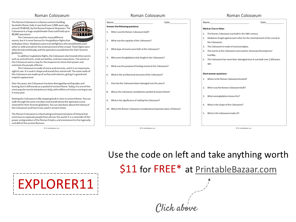 Roman Colosseum Reading Comprehension Passage Printable Worksheet ...
