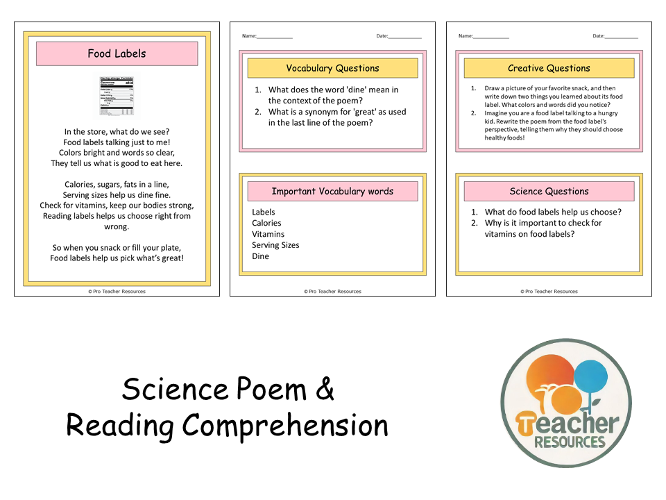 Food Labels Poem Reading Comprehension Questions Worksheet | Teaching ...