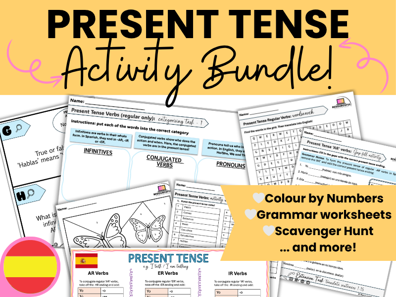 Spanish Present Tense Verbs Activity Bundle: worksheets, scavenger ...