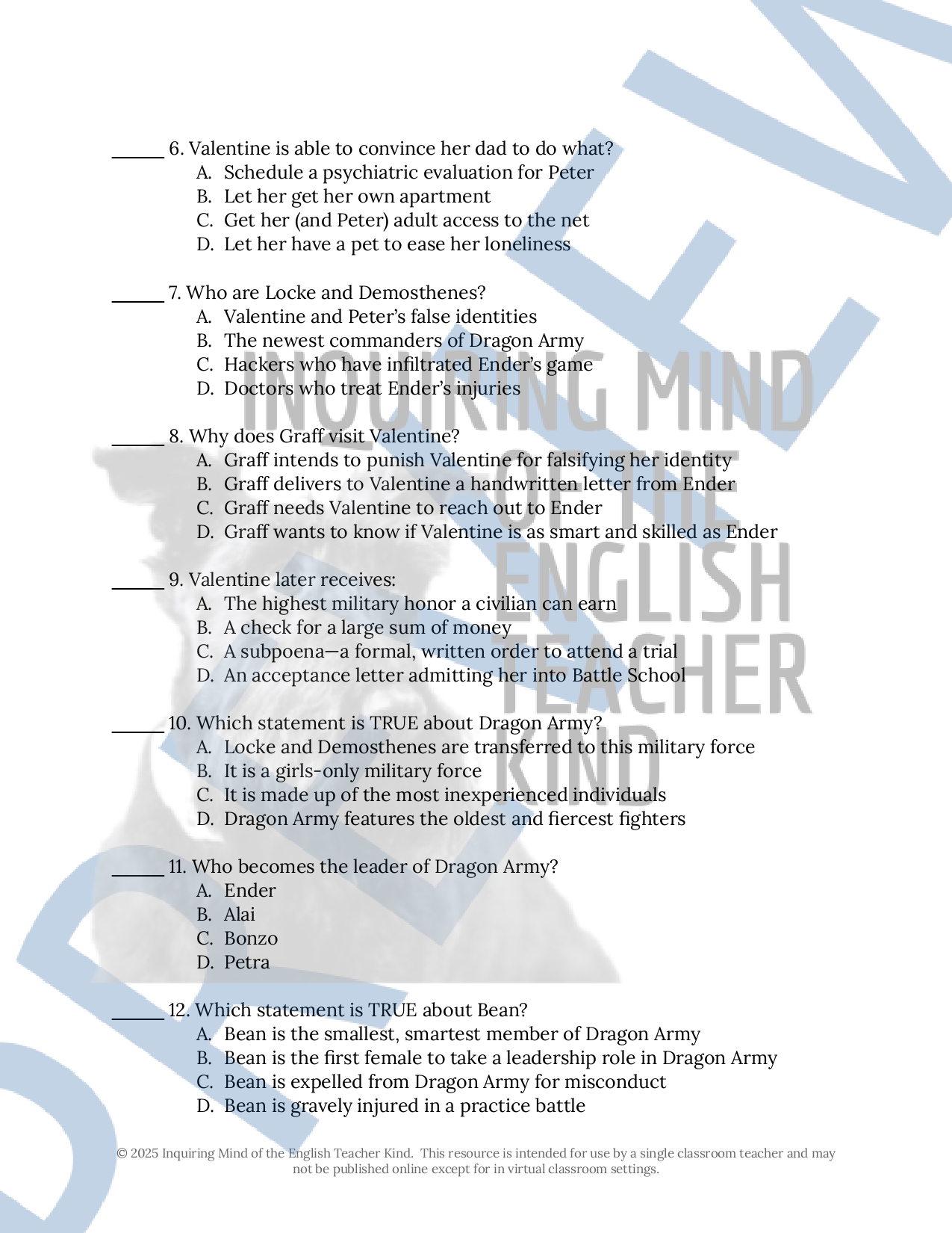 Ender's Game Chapters 9 and 10 Quiz and Answer Key | Teaching Resources