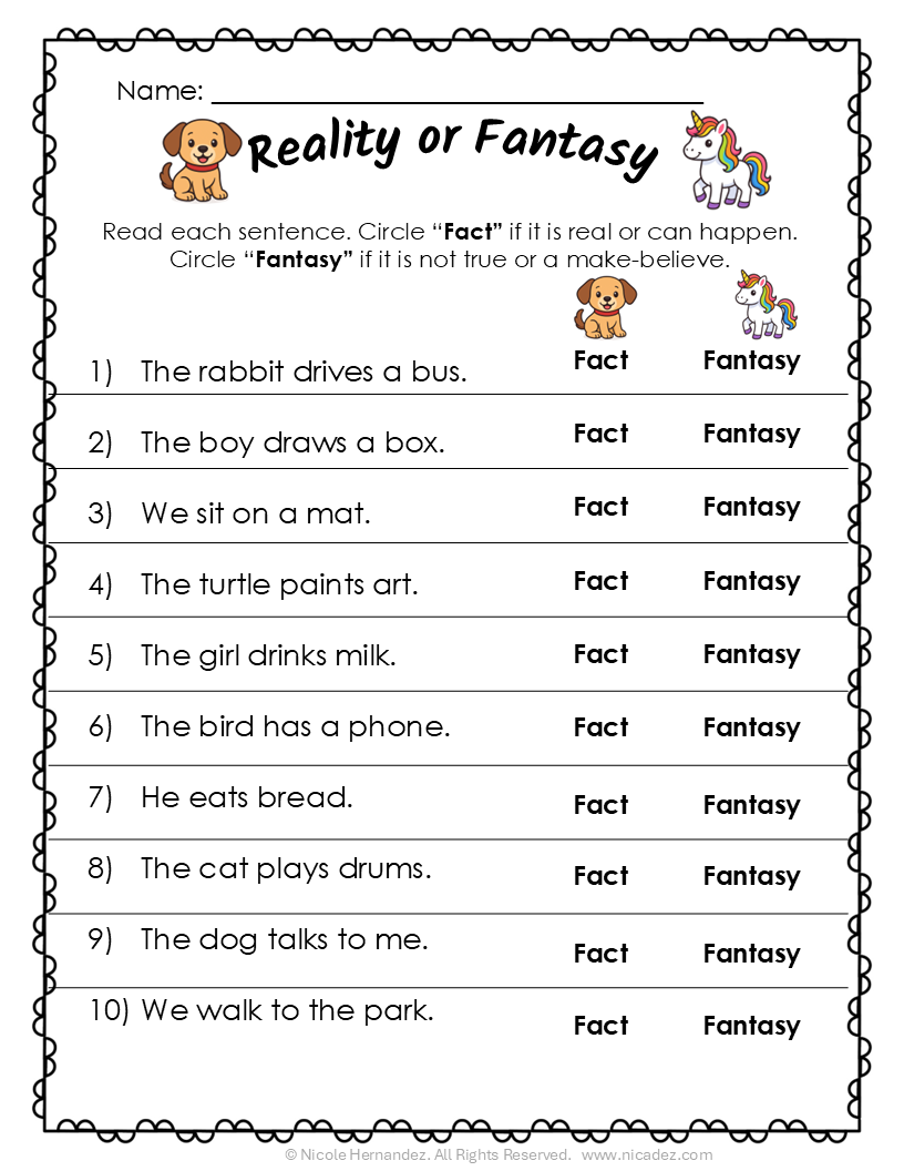 Reality or Fantasy Worksheets | Worksheets for Reading Comprehension ...