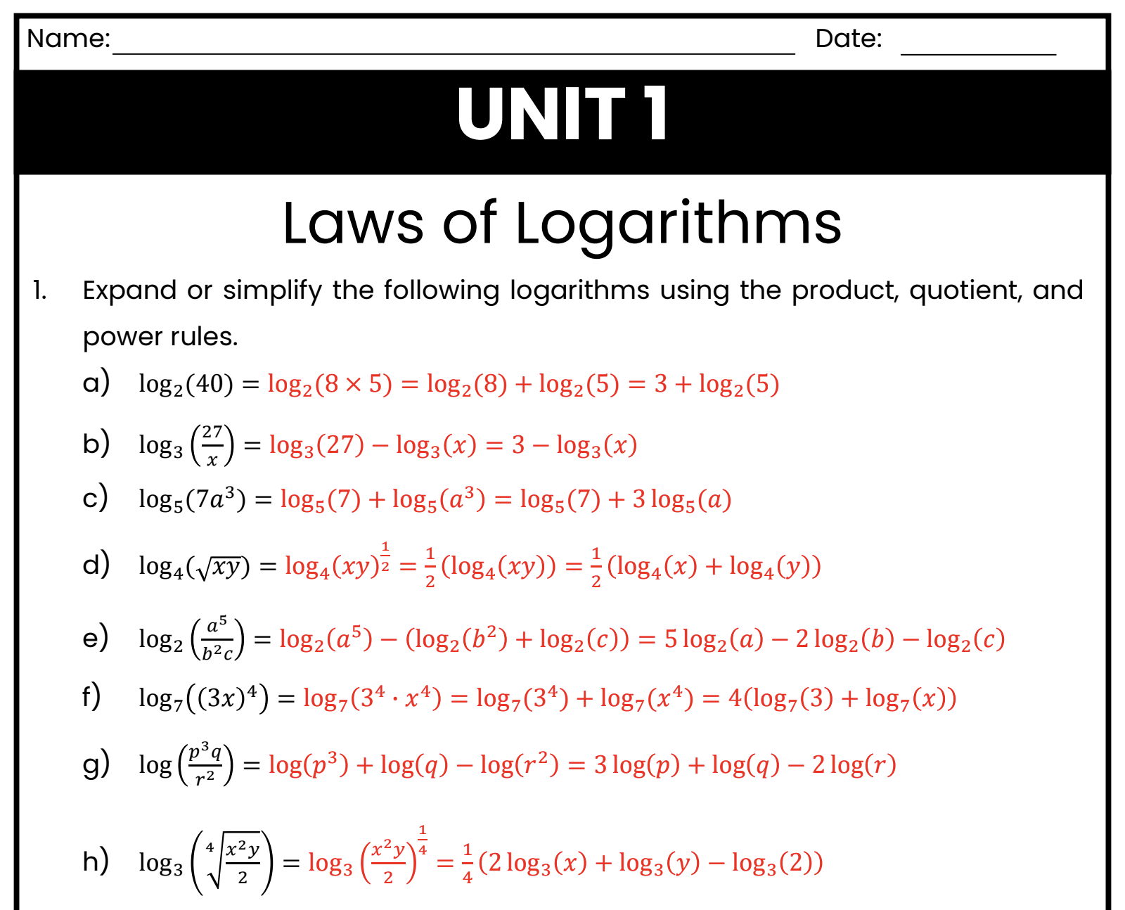 IB Math AI Worksheet AHL 1.9 - Laws of Logarithms | Teaching Resources