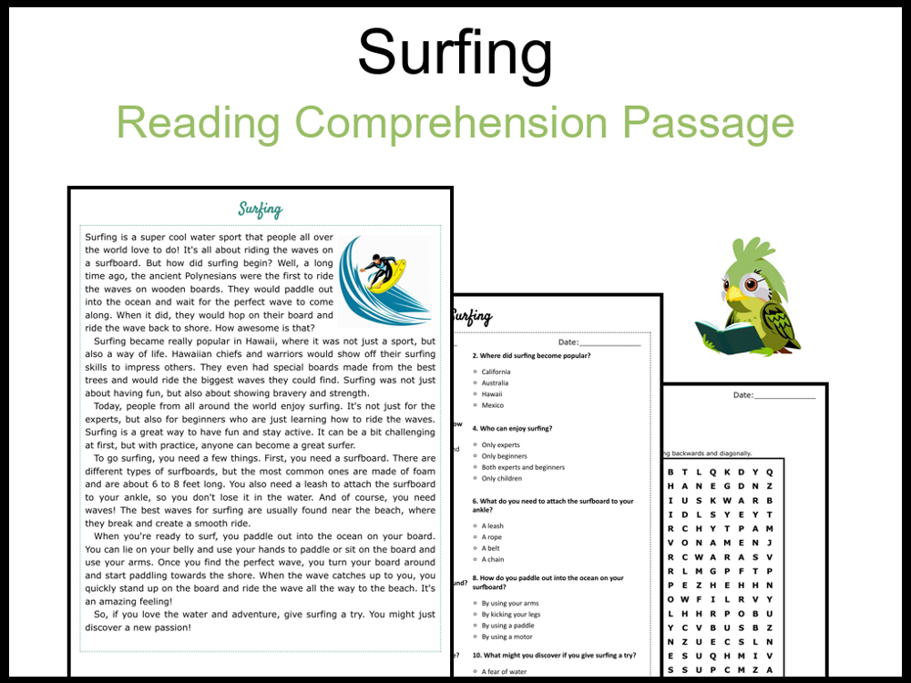 Surfing Reading Comprehension and Word Search | Teaching Resources