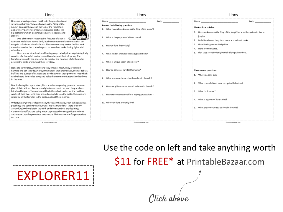 Lions Reading Comprehension Passage Printable Worksheet | Teaching ...