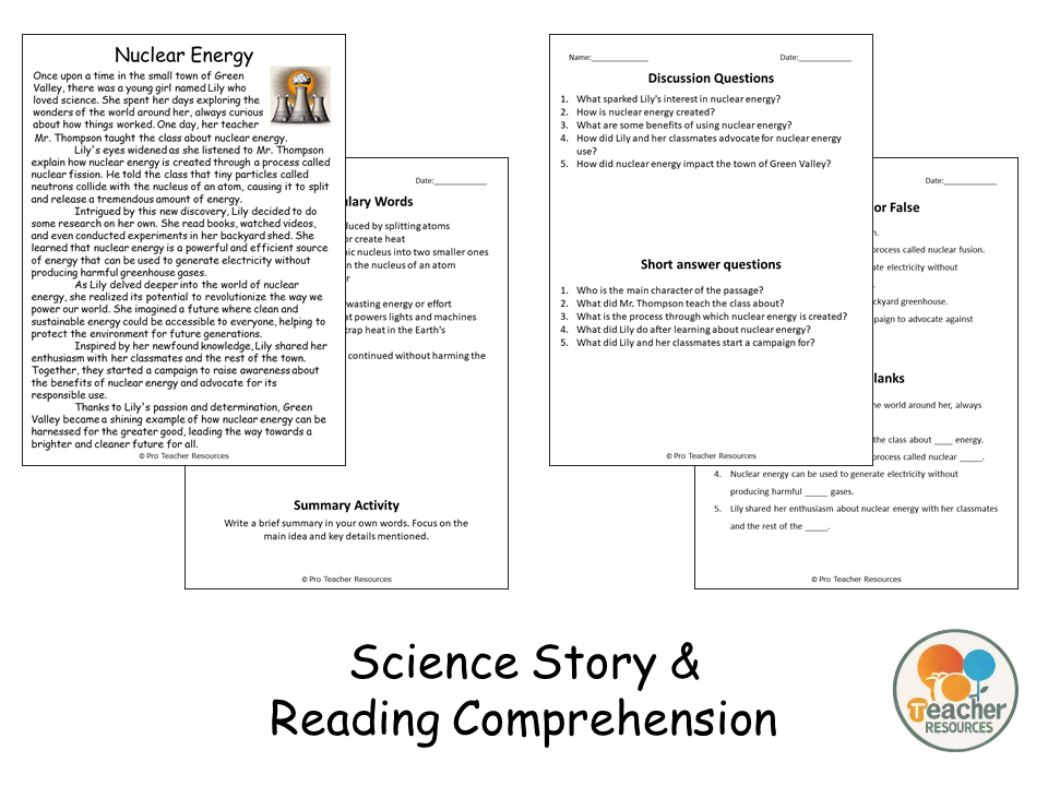 Nuclear Energy Reading Science Story Comprehension Questions Worksheet ...