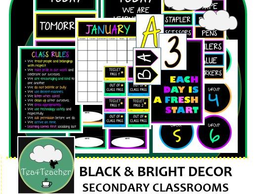 Black & Bright Colours Décor Set for Secondary Classrooms– 110+ Signs ...