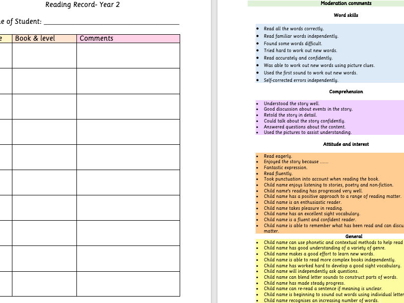 Reading Record Comments Teaching Resources Reading Record Comments Teaching Resources