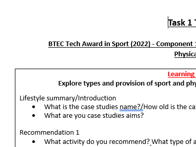 BTEC Sport Tech Award Component 1Task 1 Structure document | Teaching ...