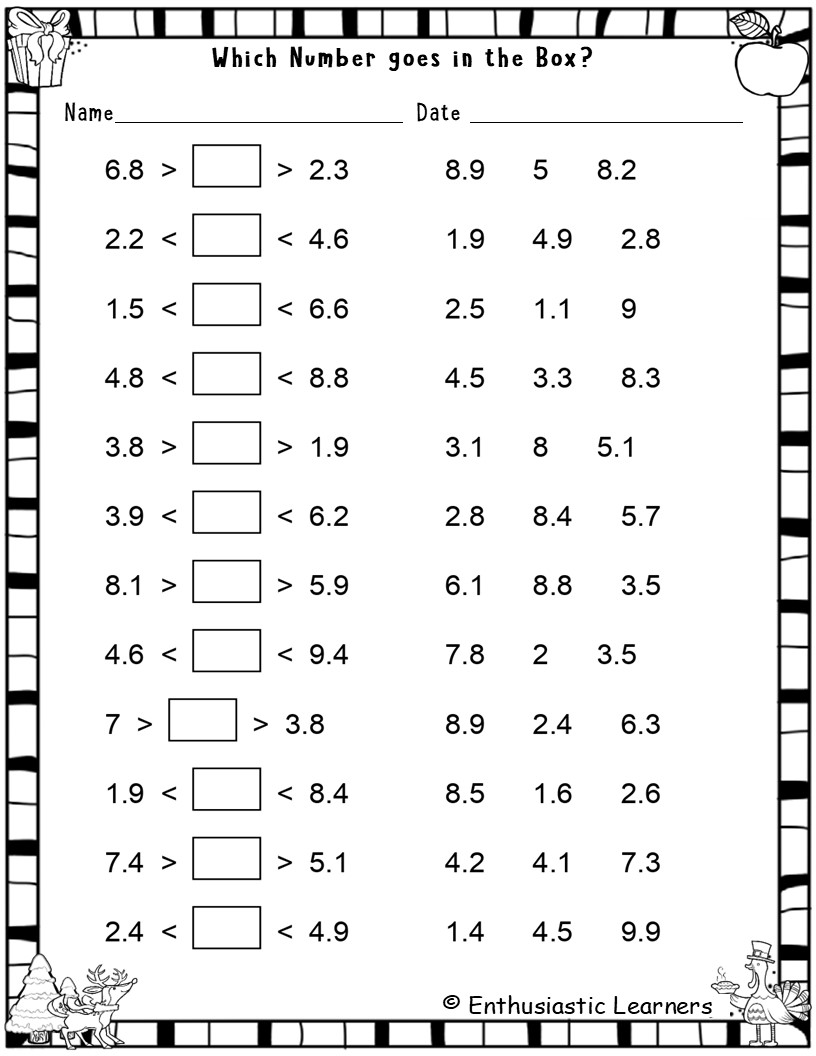 Greater Than, Less Than – Decimal Missing Number (Choose from the 3 ...