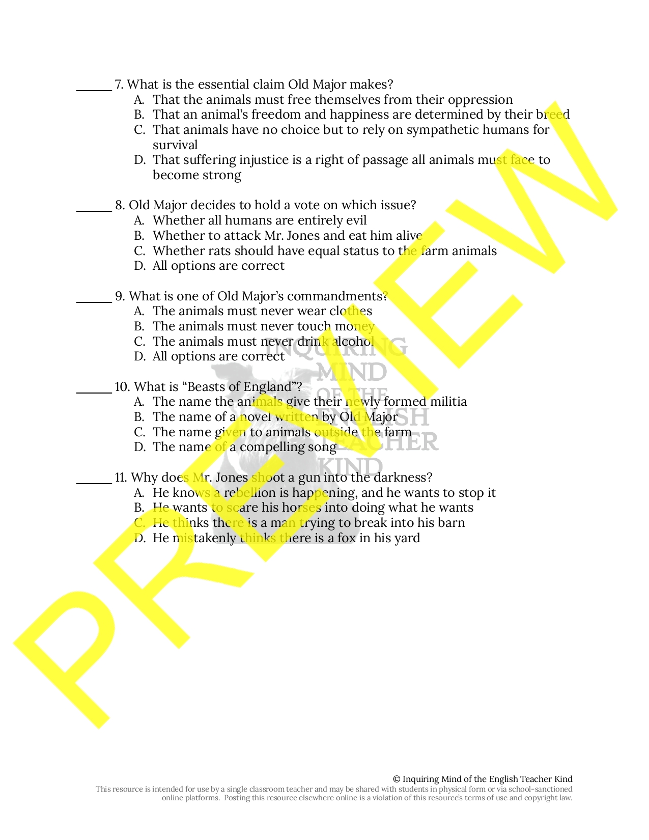 Animal Farm Chapter 1 Quiz and Answer Key | Teaching Resources