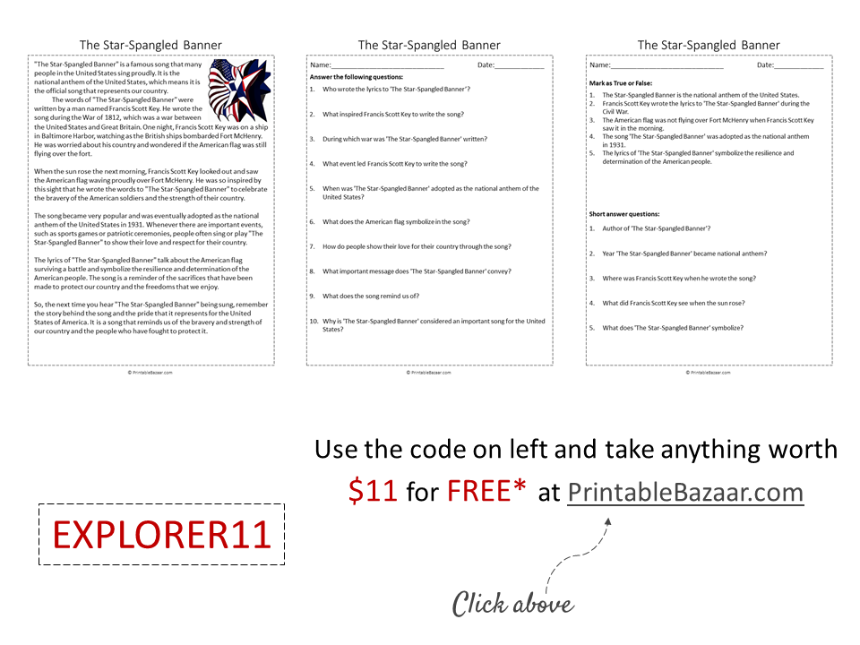 The Star-Spangled Banner Reading Comprehension Passage Printable ...