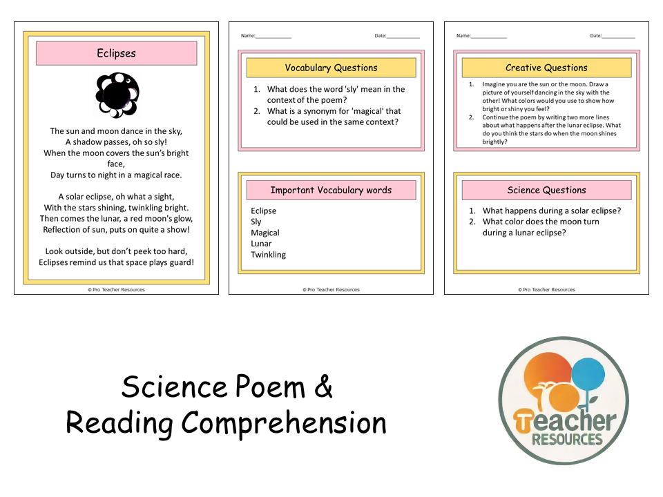 Eclipses Poem Reading Comprehension Questions Worksheet | Teaching ...