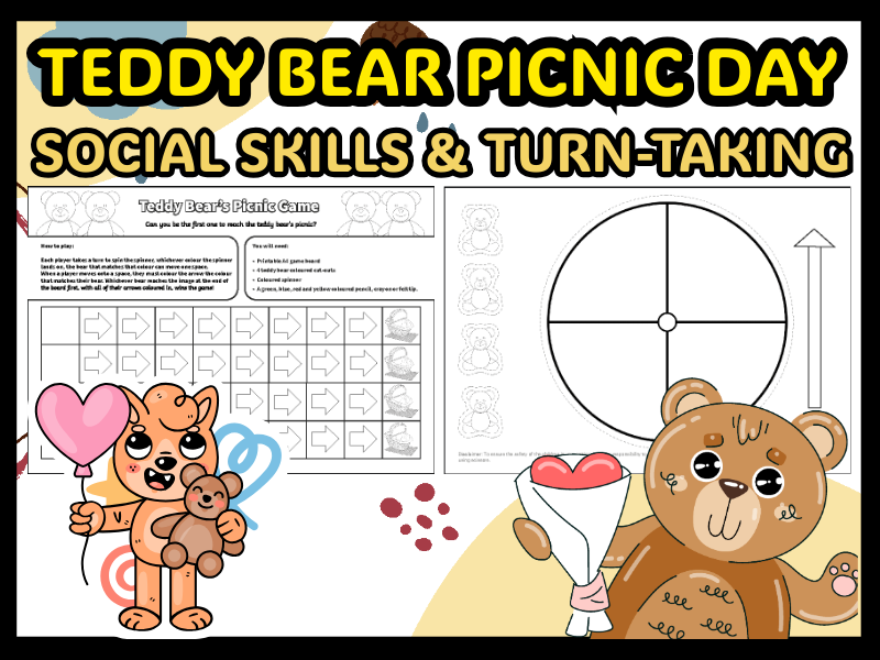 BW Teddy Bear Picnic Day Game - Social Skills & Turn-Taking Activity ...