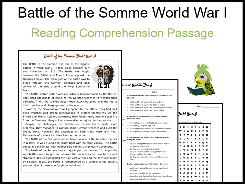 Battle of the Somme World War I Reading Comprehension and Word Search ...