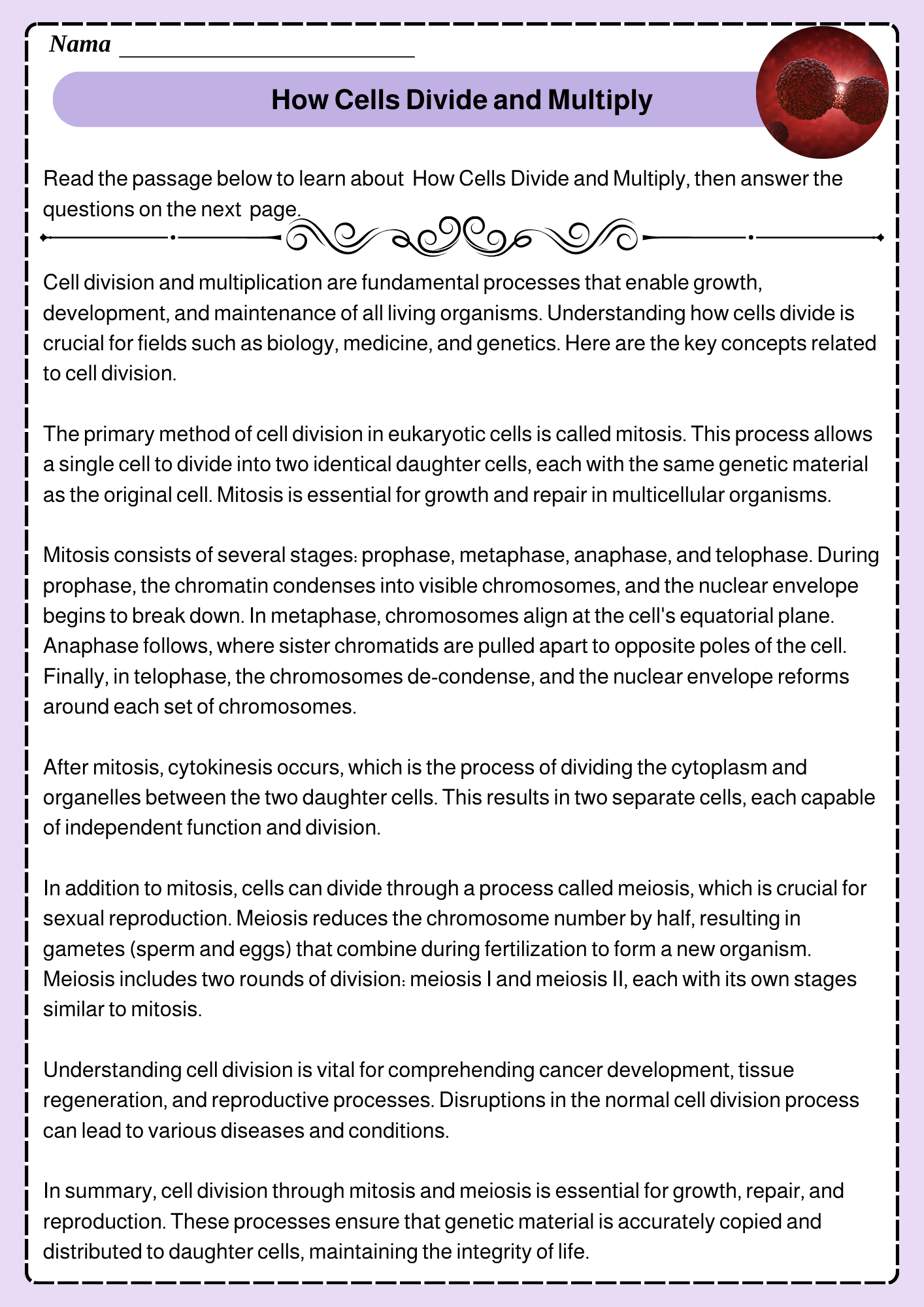 How Cells Divide and Multiply Reading Comprehension Passages ...