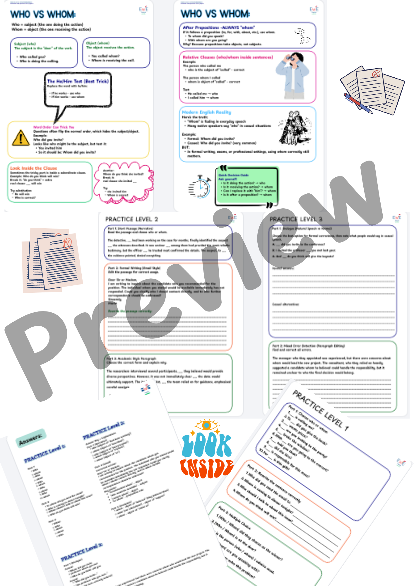 Who VS Whom Grammar Worksheet Pack Practice Questions - extensive ...