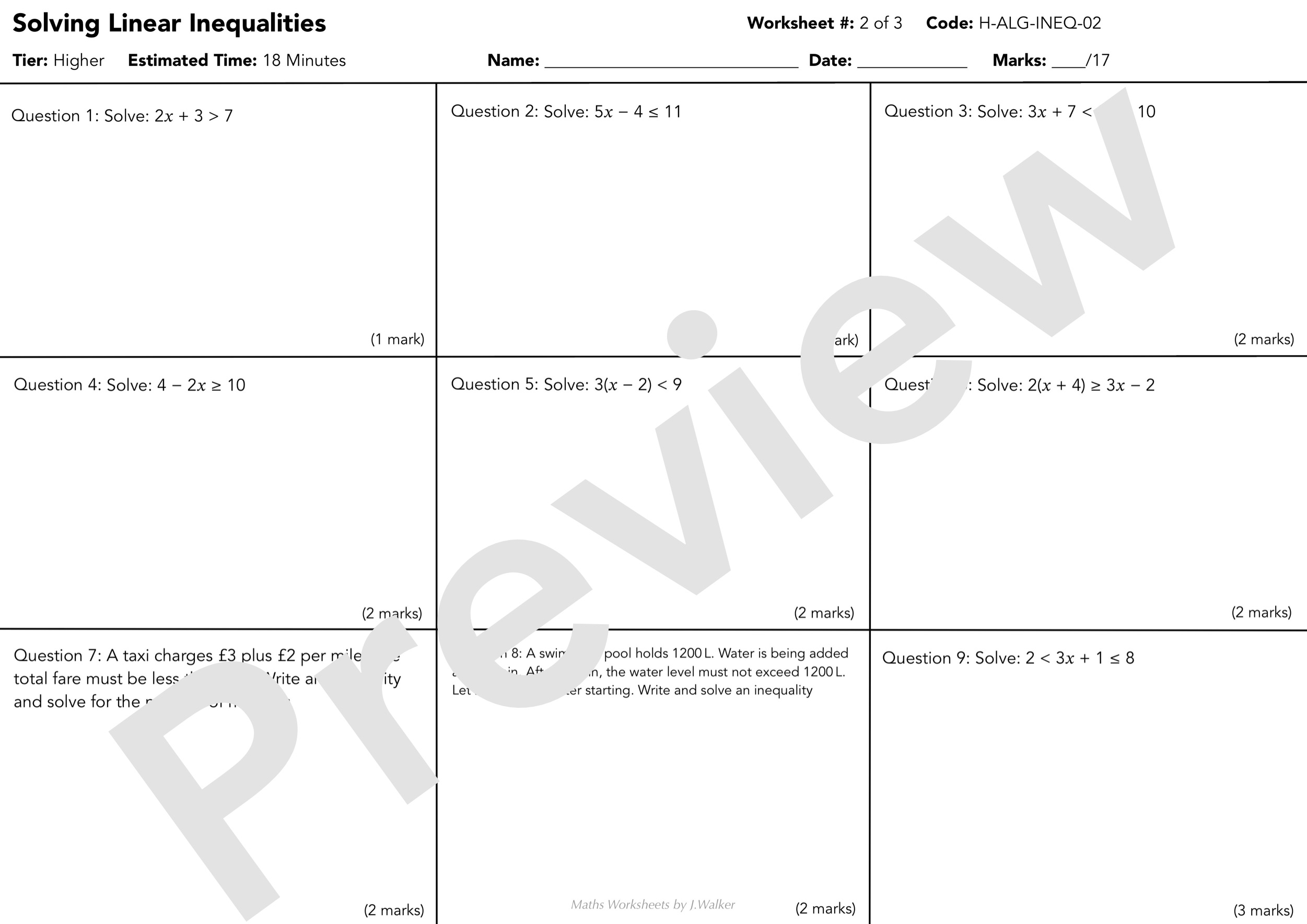 GCSE Maths Worksheet: Solving Linear Inequalities - Higher Tier ...