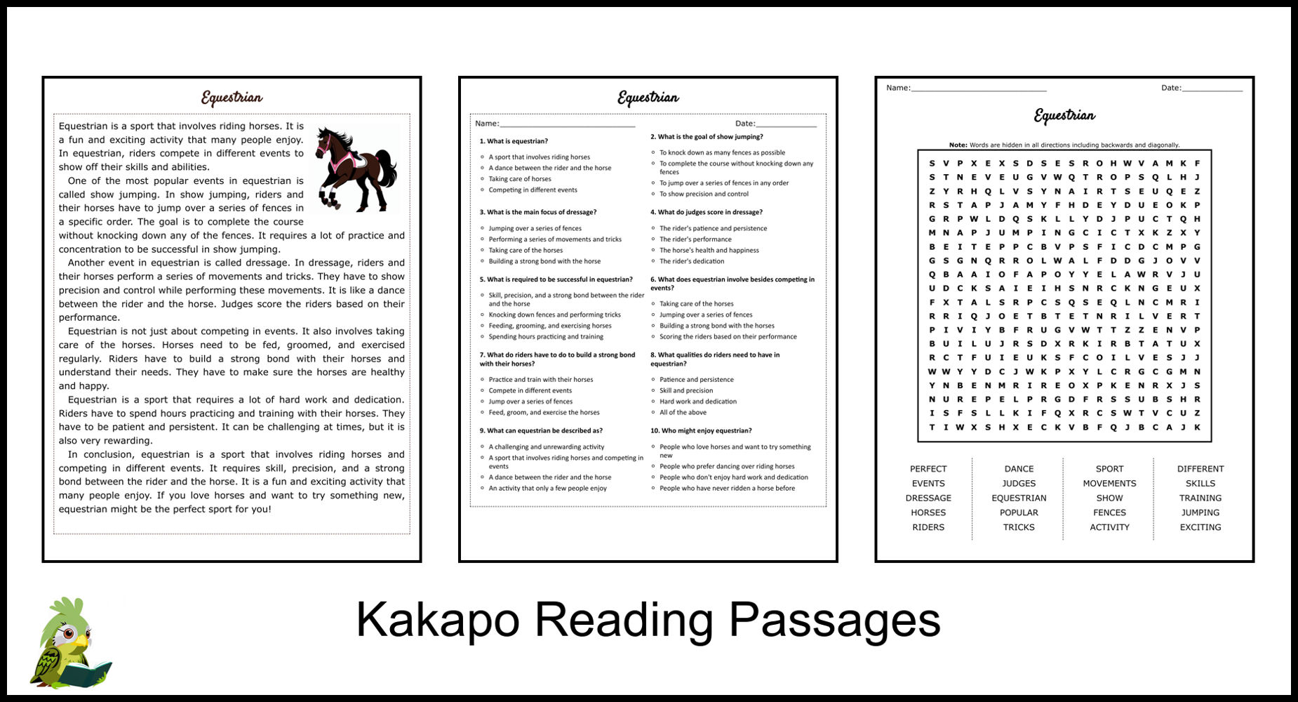 Equestrian Reading Comprehension and Word Search | Teaching Resources