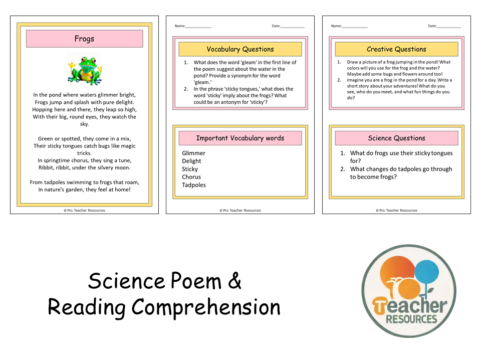 Frogs Poem Reading Comprehension Questions Worksheet | Teaching Resources