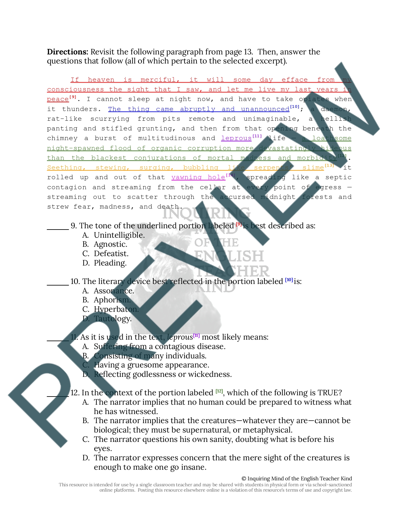 "The Lurking Fear" by H.P. Lovecraft Close Reading Worksheet | Teaching ...