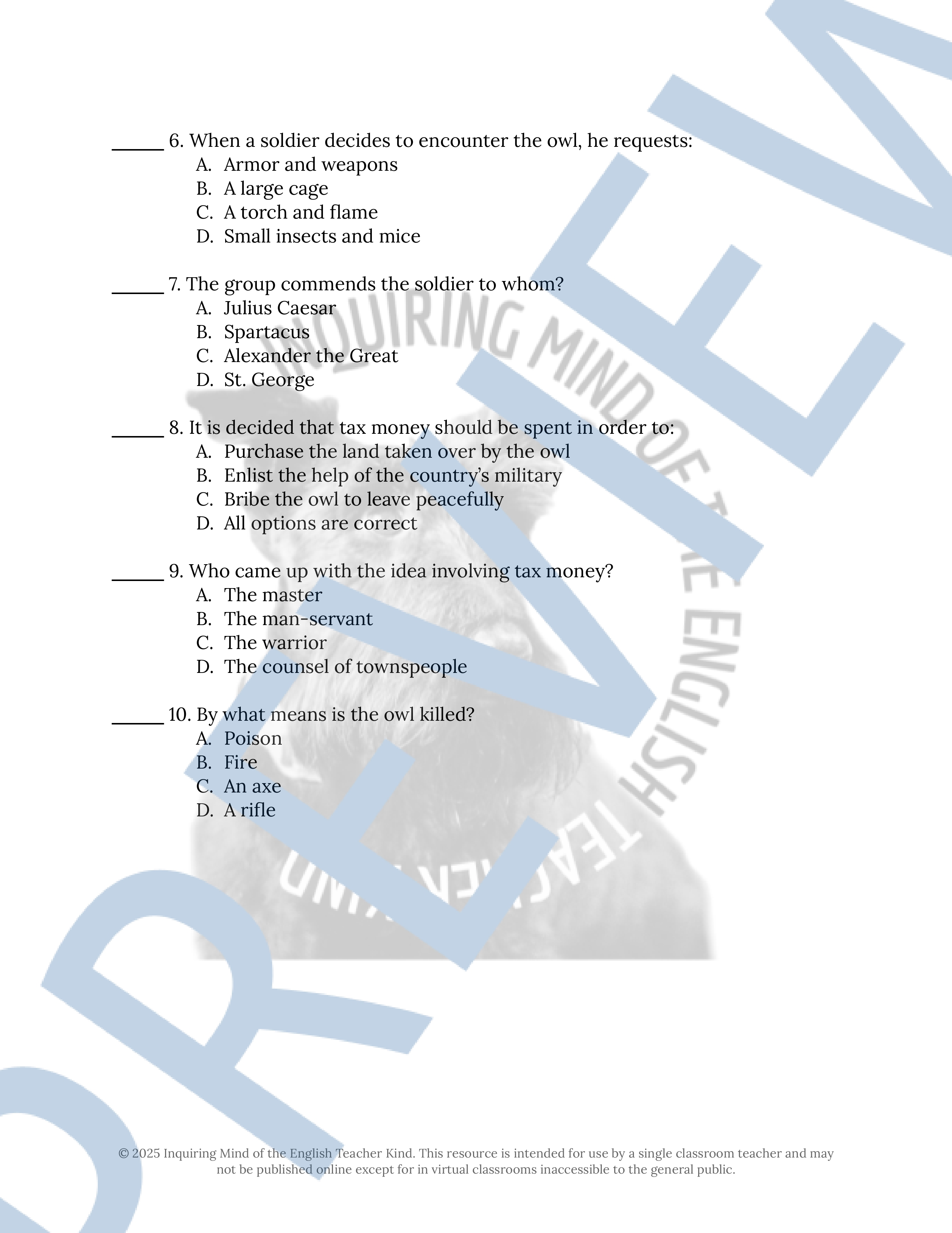 "The Owl" Quiz and Answer Key | Brothers Grimm Fairy Tale | Reading ...