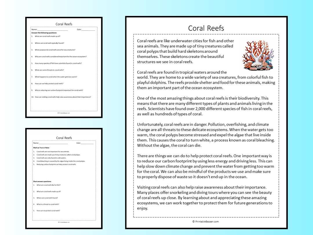 Coral Reefs Reading Comprehension Passage Printable Worksheet ...