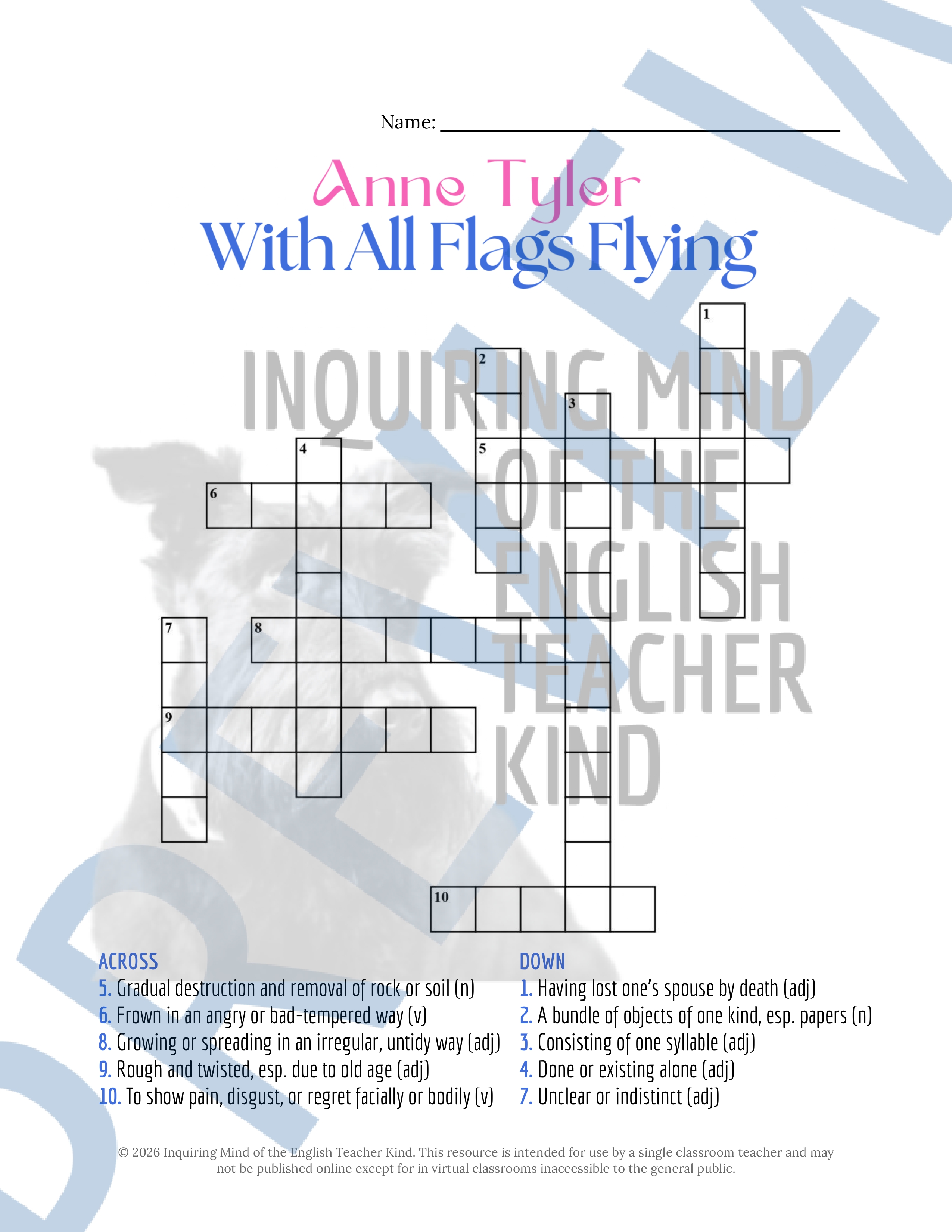 "With All Flags Flying" by Anne Tyler Vocabulary Activities | Crossword ...