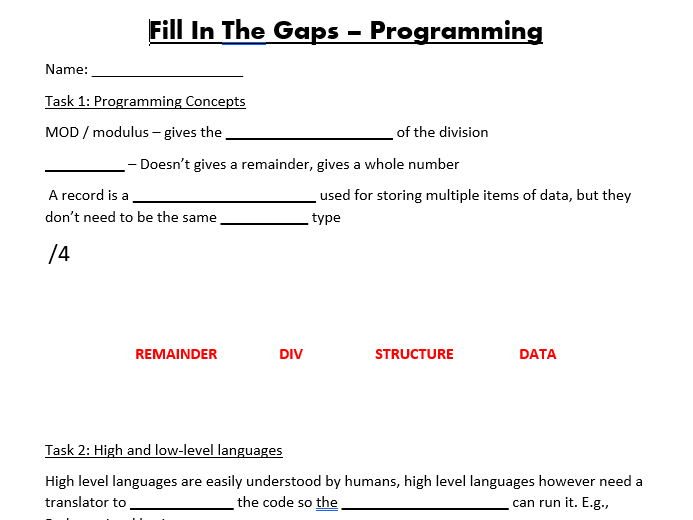 GCSE - Fill In The Gaps Programming Worksheets | Teaching Resources