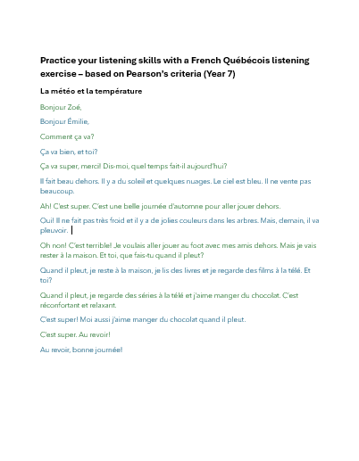 French Listening Exercice Y7 - The Weather | Teaching Resources