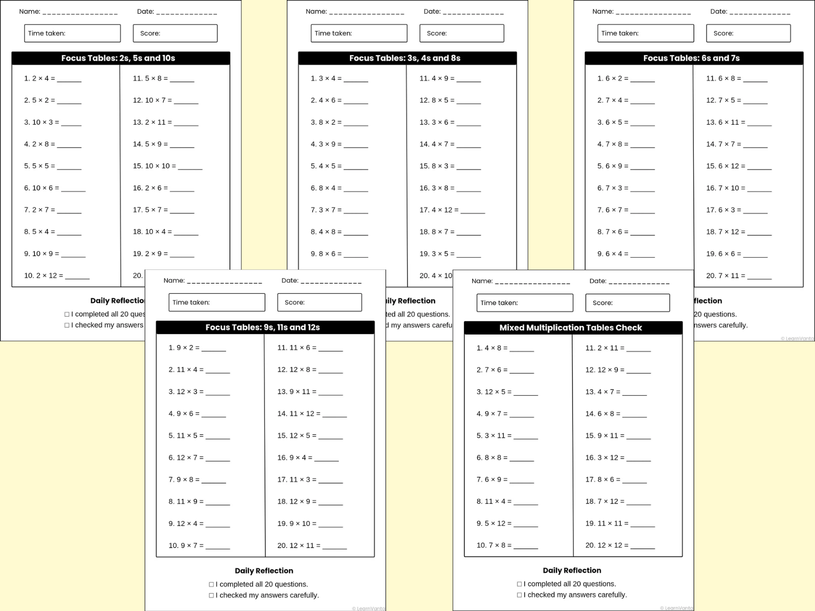 Year 4 Times Tables MTC Practice Drills - 1 Week Daily Fluency - Answer ...