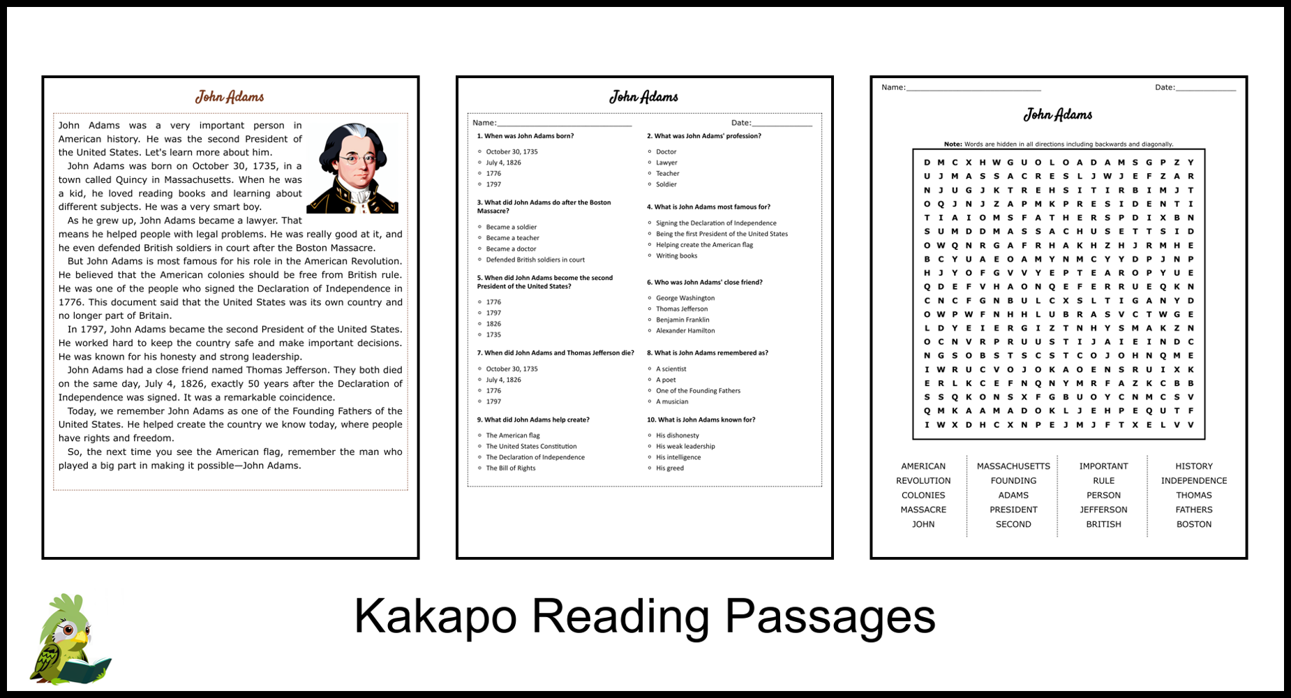 John Adams Reading Comprehension and Word Search | Teaching Resources