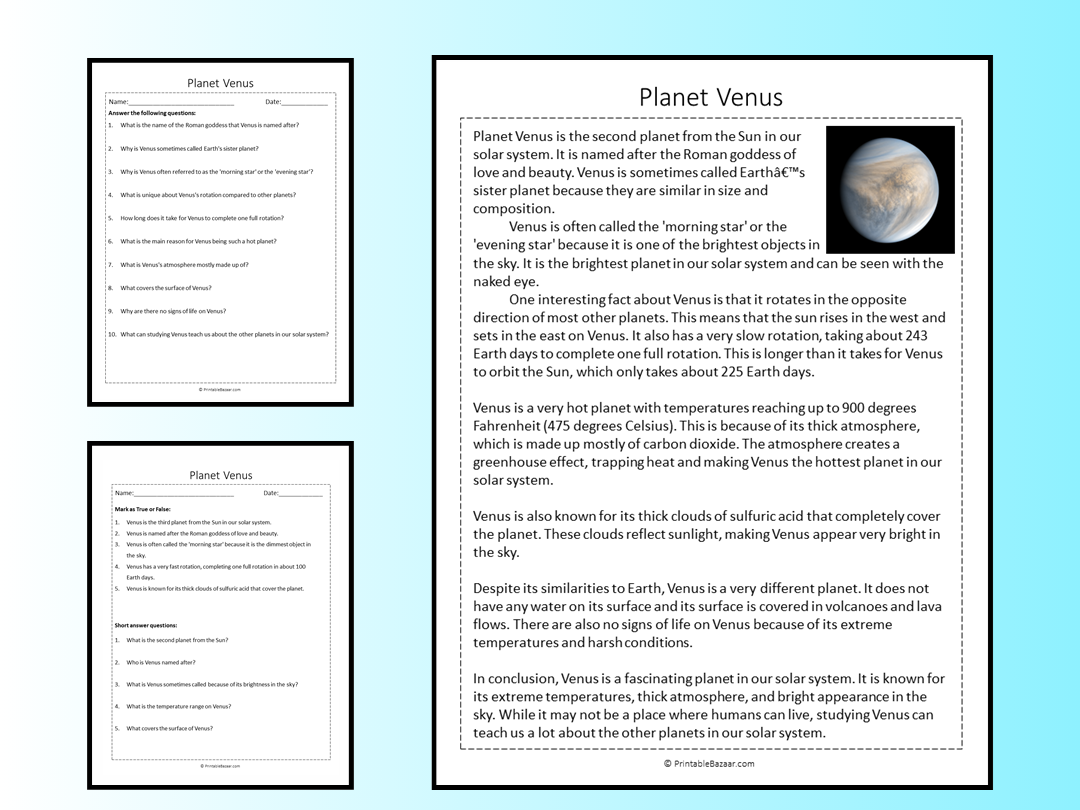 Planet Venus Reading Comprehension Passage Printable Worksheet ...