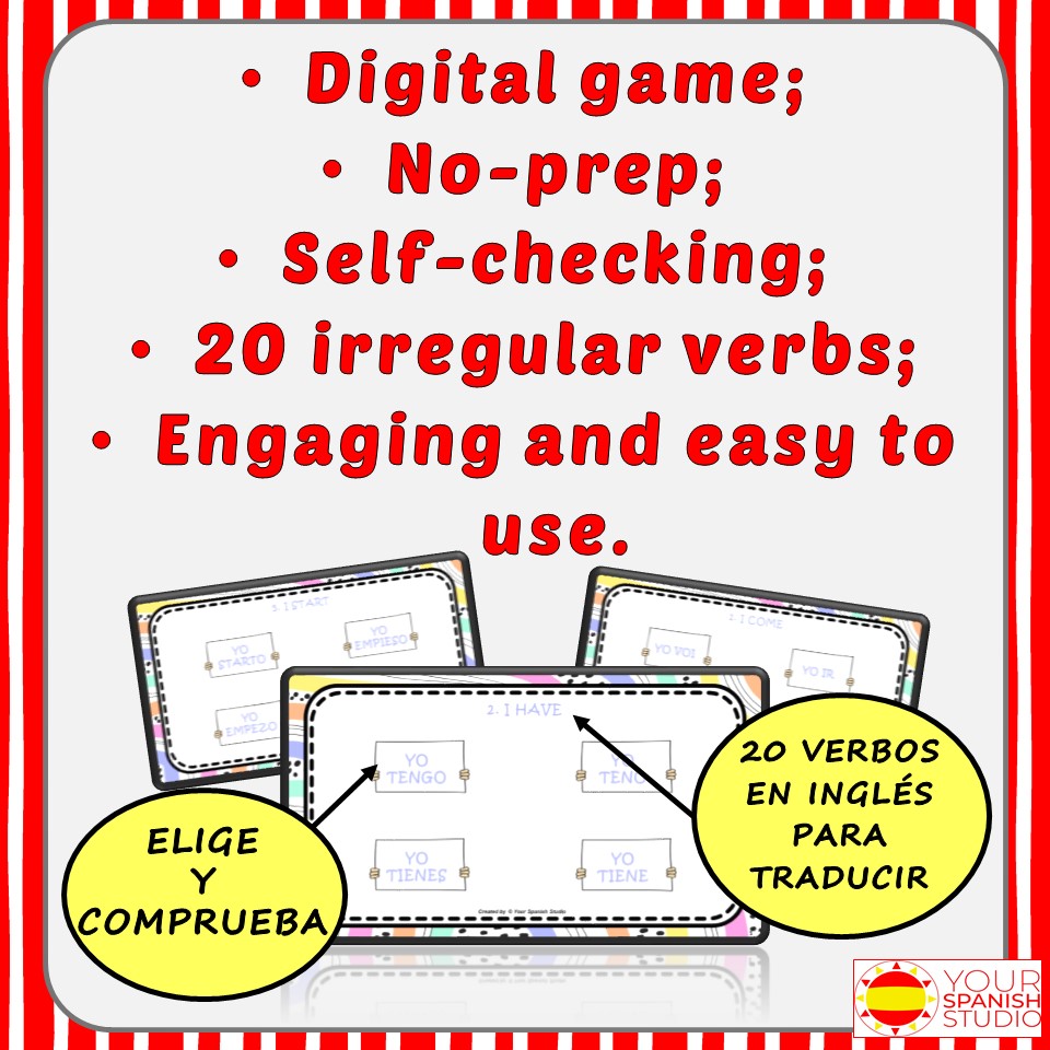 SPANISH PRESENT SIMPLE I FORMS 20 IRREGULAR VERBS NO PREP DIGITAL GAME ...