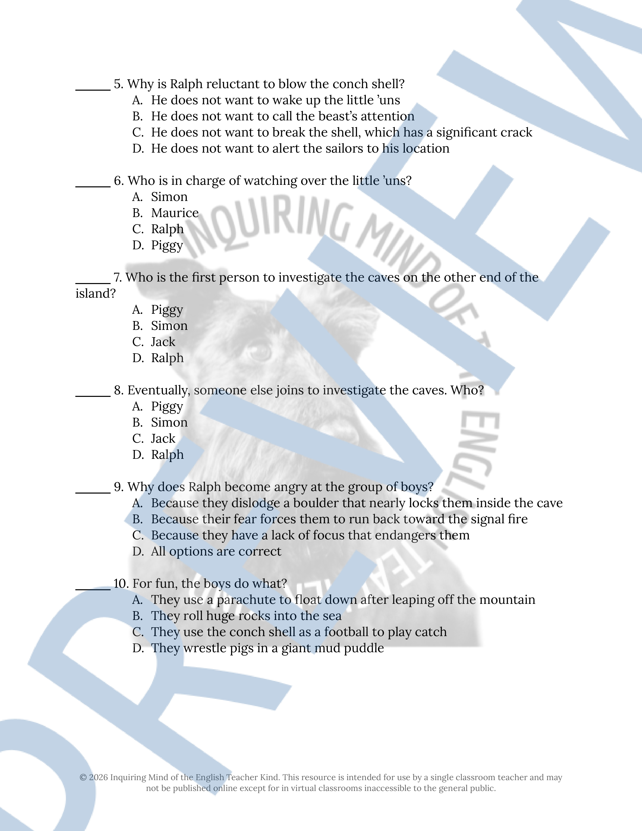 Lord of the Flies Chapter 6 Quiz and Answer Key | Guided Reading ...