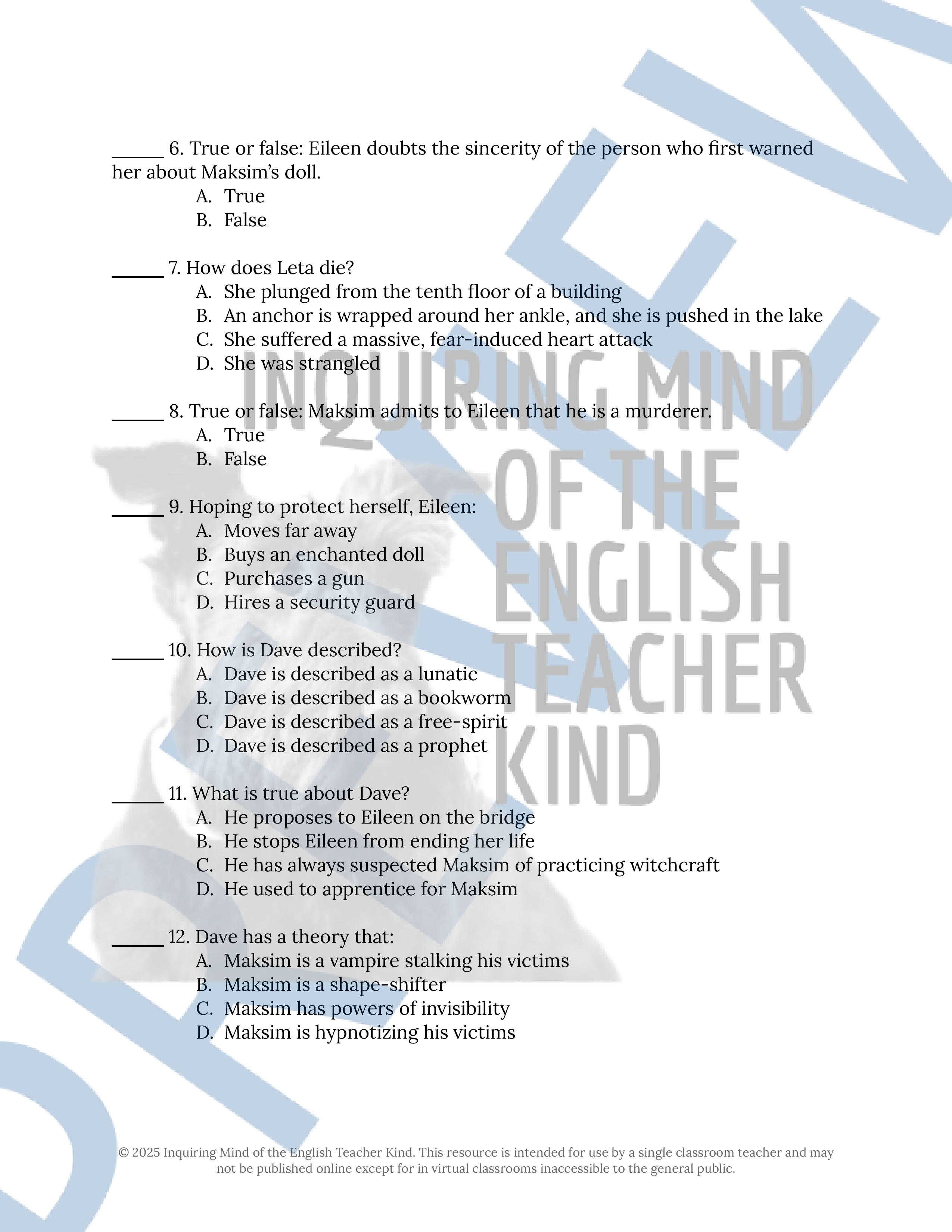 "The Evil Doll" by Hannes Bok Quiz and Answer Key (Halloween Horror ...