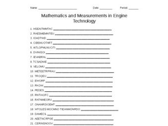 Mathematics and Measurements in Engine Technology Word Scramble ...