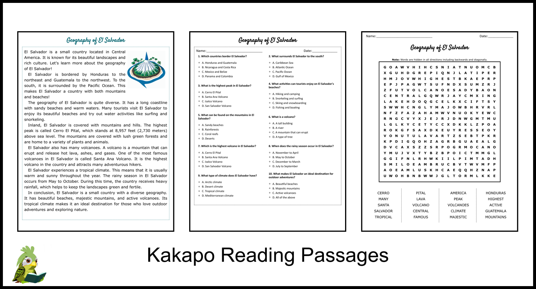Geography of El Salvador Reading Comprehension and Word Search ...