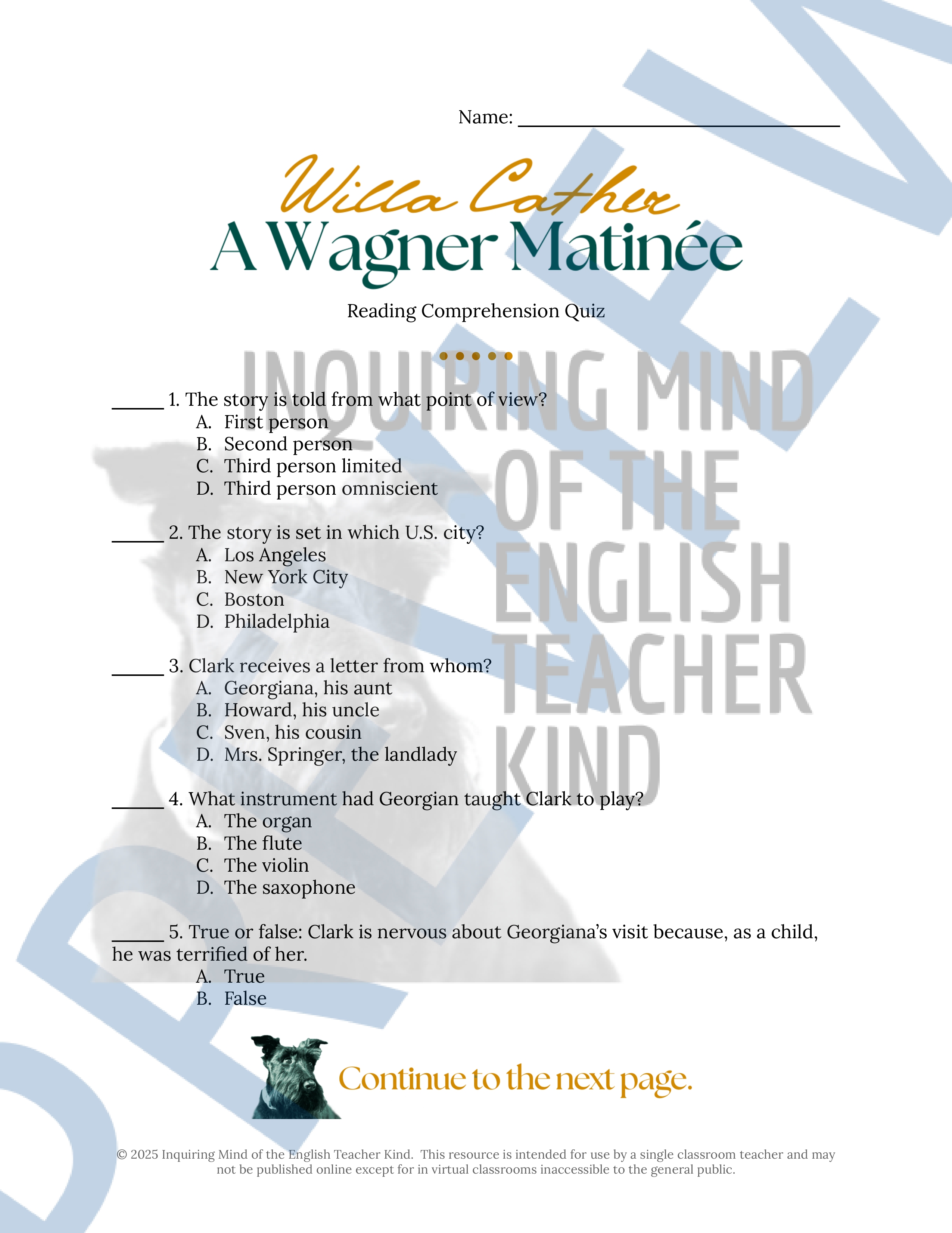 "A Wagner Matinee" by Willa Cather Quiz and Answer Key | Teaching Resources