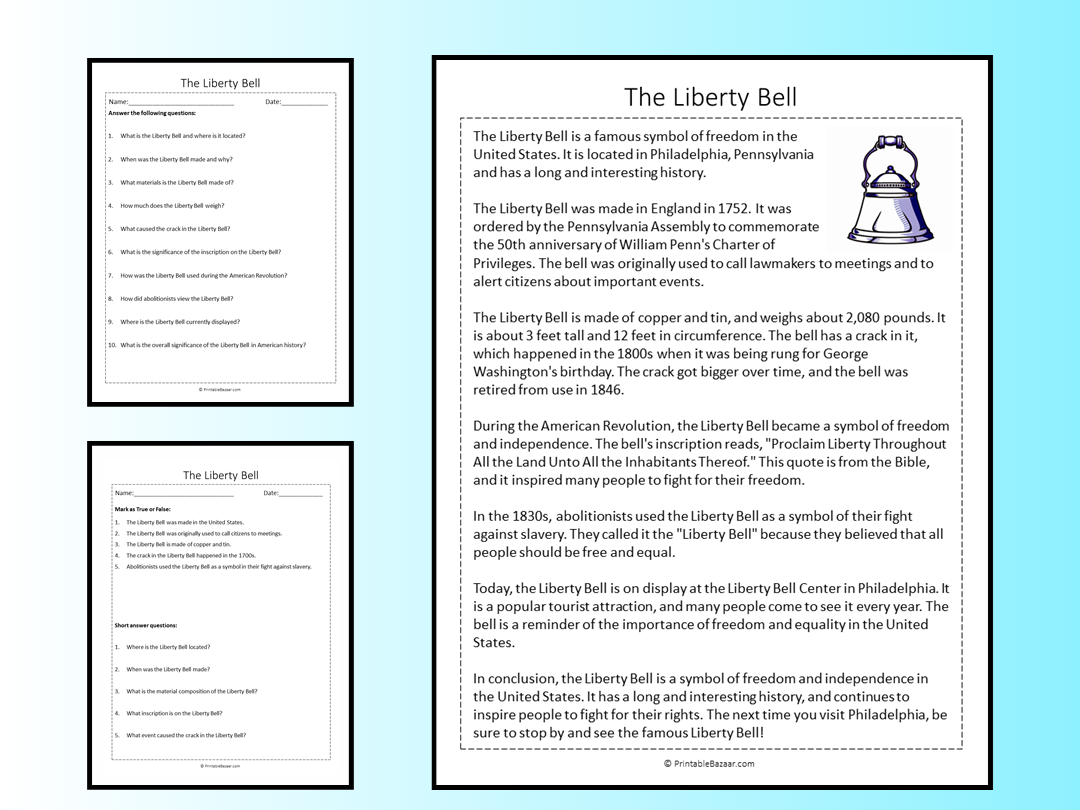 The Liberty Bell Reading Comprehension Passage Printable Worksheet ...
