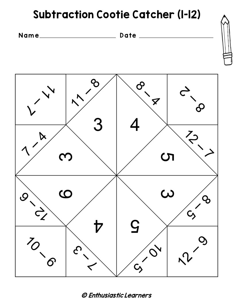 Subtraction Cootie Catcher (1–12) – Games & Fun Activity Worksheets ...