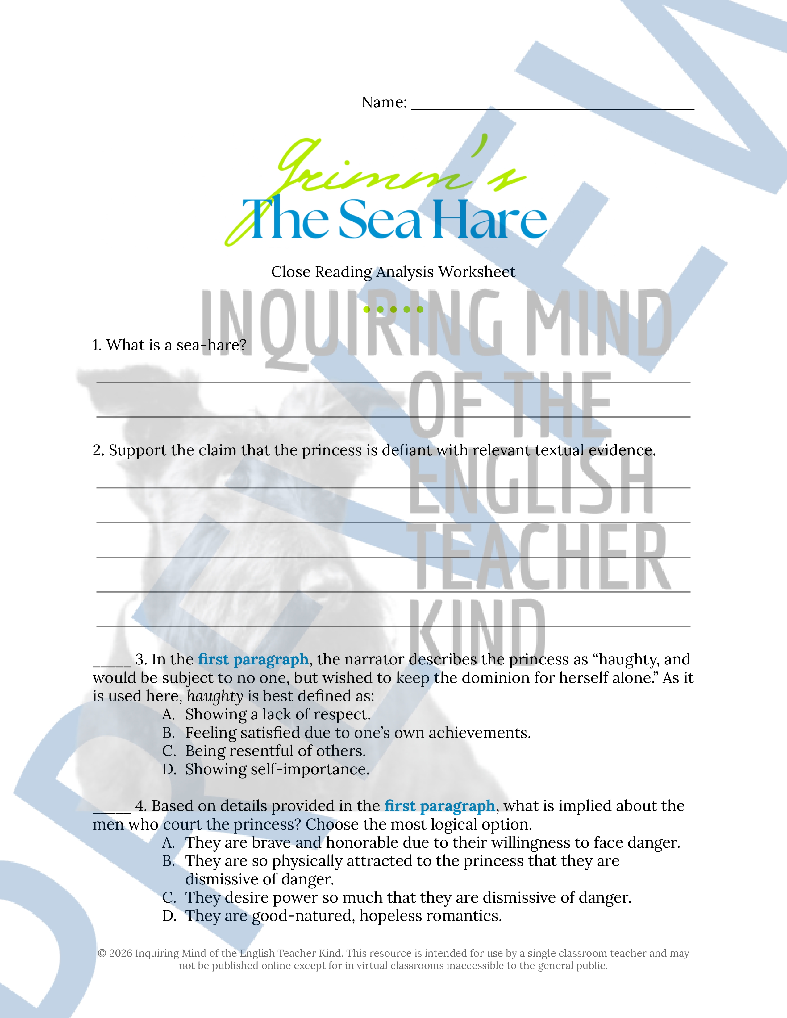 "The Sea Hare" Close Reading Analysis Worksheet | Grimm's Fairy Tale ...
