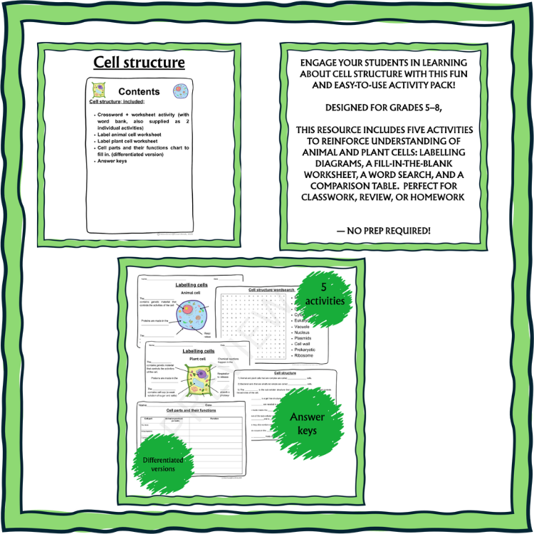 PLANT AND ANIMAL CELL STRUCTURE ACTIVITY WORKSHEETS | Teaching Resources