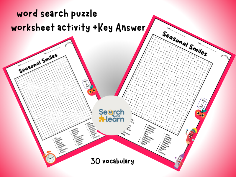 Seasonal Smiles Word Search Puzzle Worksheet + Answer Key | Teaching ...
