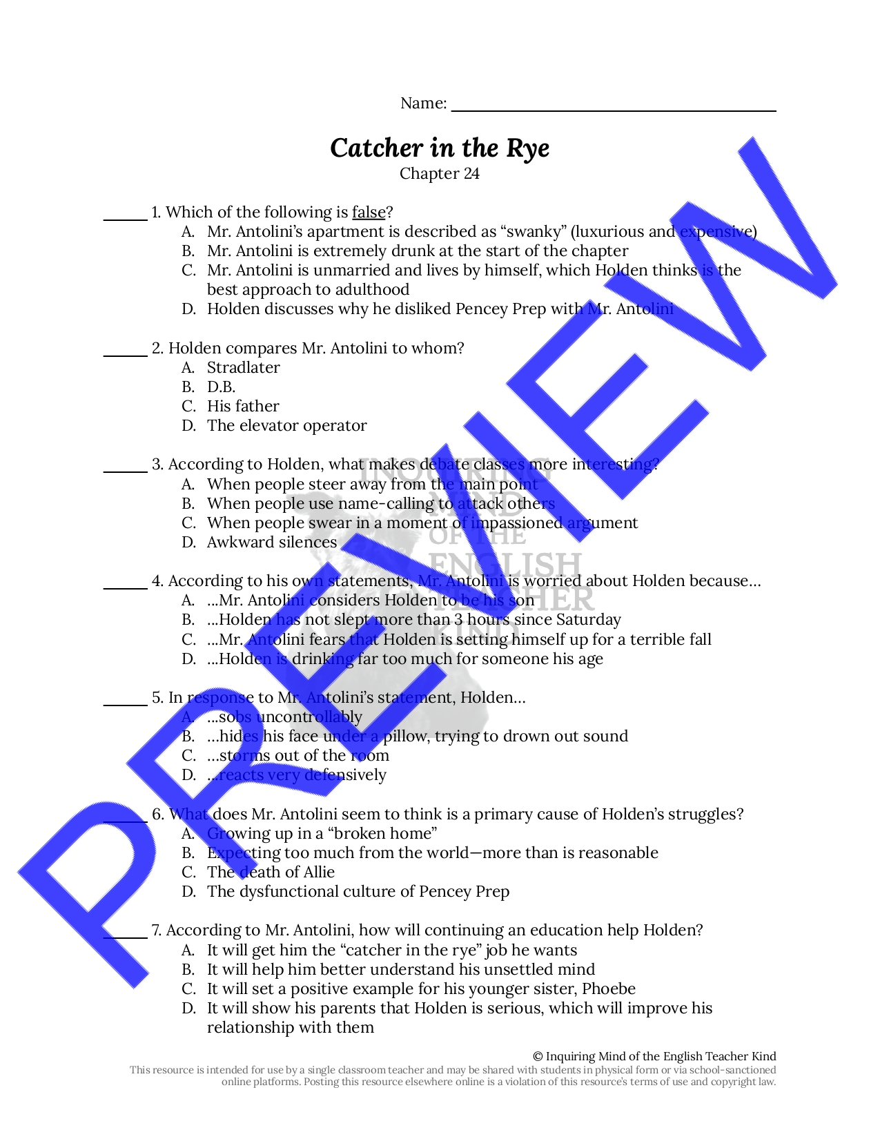 Catcher in the Rye Chapter 24 Quiz and Answer Key | Teaching Resources